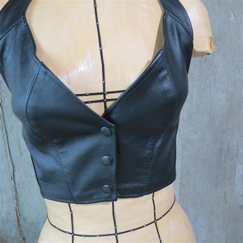Vintage Black Leather Ladies Halter Top Biker Festival Etsy