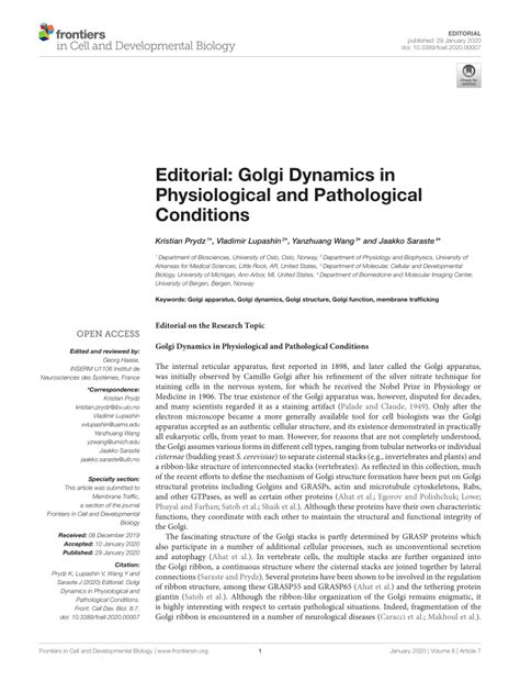 Pdf Editorial Golgi Dynamics In Physiological And Pathological
