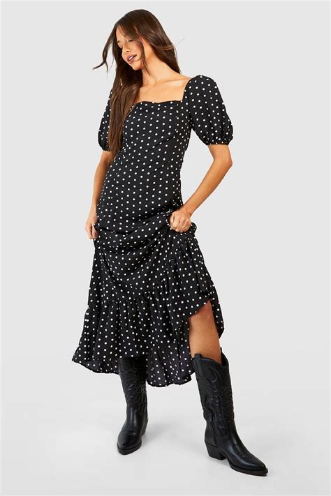 Polka Dot Puff Sleeve Midaxi Dress Boohoo Uk