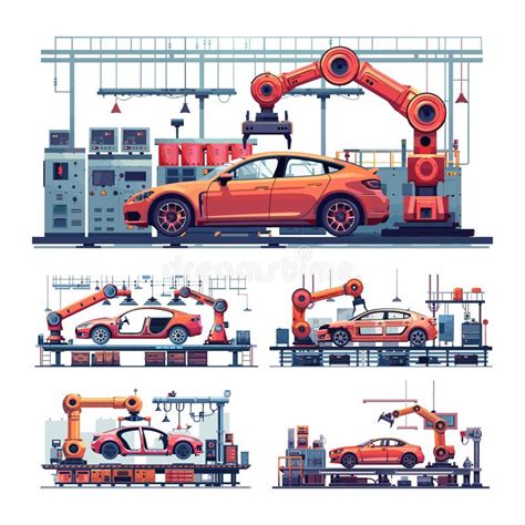 Car Production Factory Conveyor Cartoon Vector Set Robot Arm Weld Vehicle Body Automobile