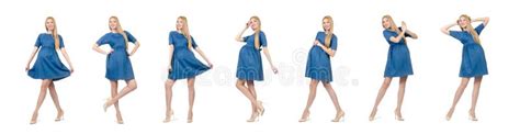 The Beautiful Pregnant Woman In Blue Dress Isolated On White Stock