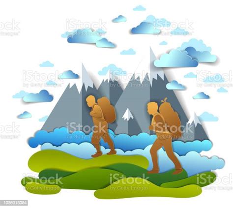 활성 아버지와 10 대 아들 산 초원 여름 하늘에 구름을 통해 하이킹 아빠가 자연에서의 자유 시간을 보내고 등산객 남자 여름 휴가 벡터 일러스트 레이 션 종이접기에 대한