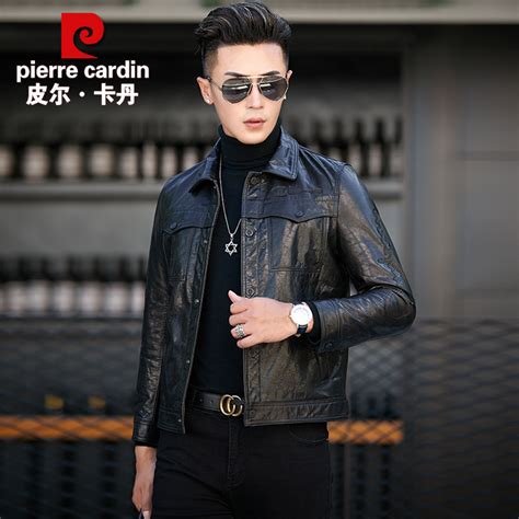 皮尔卡丹油蜡牛皮真皮皮衣男短款翻领修身潮男休闲皮夹克14 19029虎窝淘