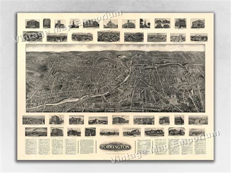 1907 Torrington Connecticut Map Panoramic Old City Map Historic Birds
