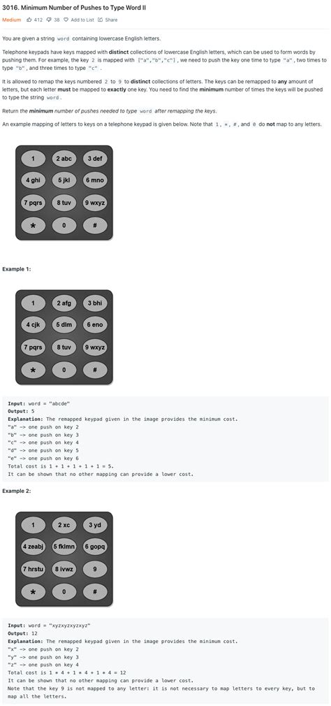 [2024] day 220 3016 minimum number of pushes to type word ii