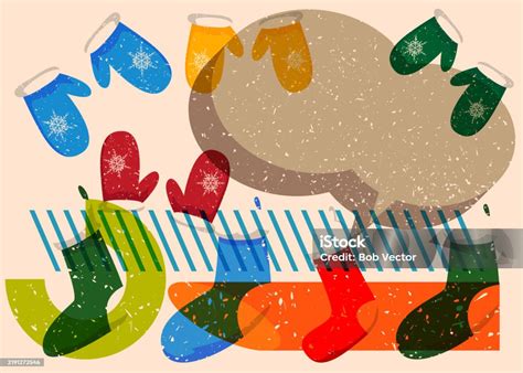 Risograph 벙어리 장갑 장갑과 기하학적 모양의 말풍선이 있는 크리스마스 스타킹 트렌디한 Riso 그래프 인쇄 질감 스타일의 개체와 기하학적 요소가 있는 디자인 0명에