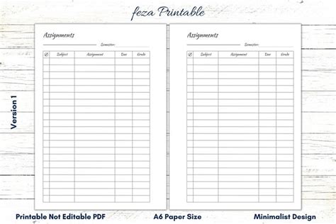 A6 Assignment Tracker Printable Assignment Planner Assignment Tracker