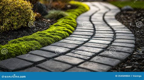Garden Stone Path With Grass Growing Up Between The Stones Stock
