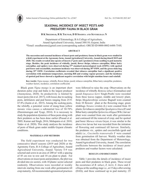 Pdf Seasonal Incidence Of Insect Pests And Predatory Fauna In Black Gram