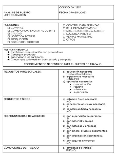 Jefe De Almacen Analisis De Puesto Pdf Logística Negocios Económicos