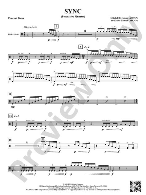 Sync Percussion Quartet Toms Toms Part Mike Hansen Digital Sheet