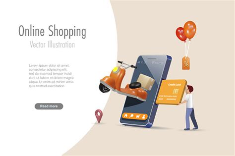 온라인 쇼핑 및 배송 서비스 스쿠터 및 신용 카드 결제로 스마트폰 앱에서 고객 온라인 주문 전자 상거래 개념 3d 벡터 3차원 형태에 대한 스톡 벡터 아트 및 기타 이미지