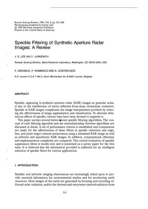 Pdf Speckle Filtering Of Synthetic Aperture Radar Images A Review