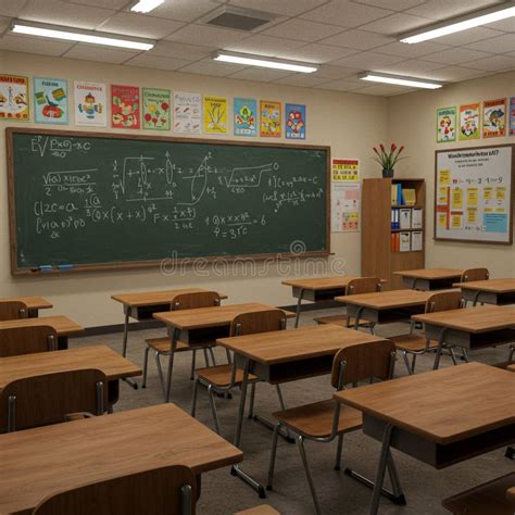 Classroom With Empty Wooden Desks And Chairs Arranged In Rows A Large Blackboard Stock