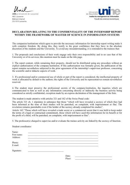 Declaration Relating To The Confidentiality Of The Internship Report