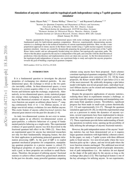 Pdf Simulation Of Anyonic Statistics And Its Topological Path Independence Using A 7 Qubit