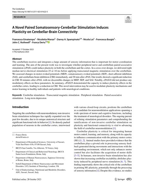 Pdf A Novel Paired Somatosensory Cerebellar Stimulation Induces Plasticity On Cerebellar Brain