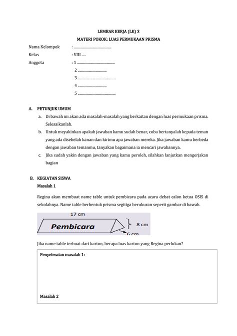 SOLUTION Lembar Kerja Luas Permukaan Prisma Penerapan Rumus Luas Permukaan Prisma Dan Limas