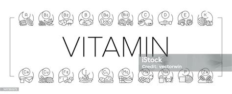 Vitamin Mineral Medical Complex Icons Set Vector Stock Illustration