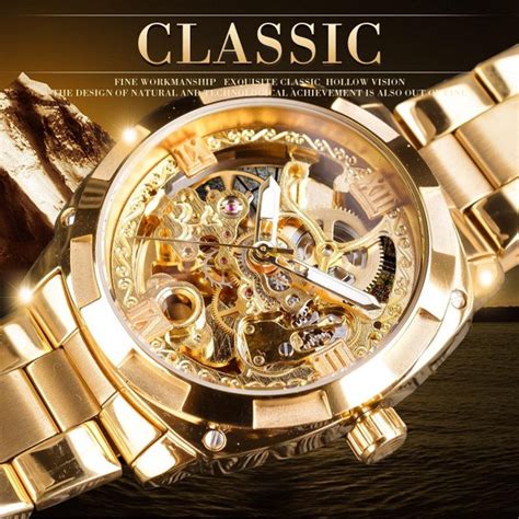 Forsining Luxury Golden Mens Skeleton Watch Carving Hollow 41mm Big