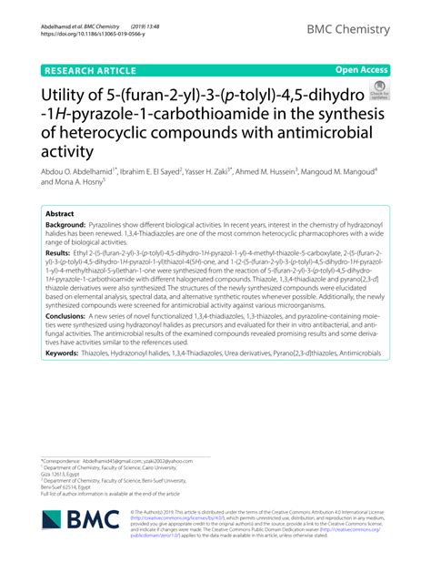 PDF Utility Of 5 Furan 2 Yl 3 P Tolyl 4 5 Dihydro 1H Pyrazole 1