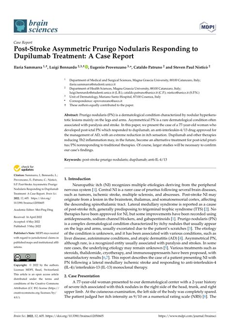 Pdf Post Stroke Asymmetric Prurigo Nodularis Responding To Dupilumab