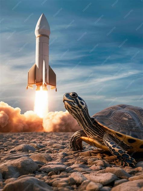 A Turtle With A Rocket In The Background And A Rocket In The Sky Premium Ai Generated Image