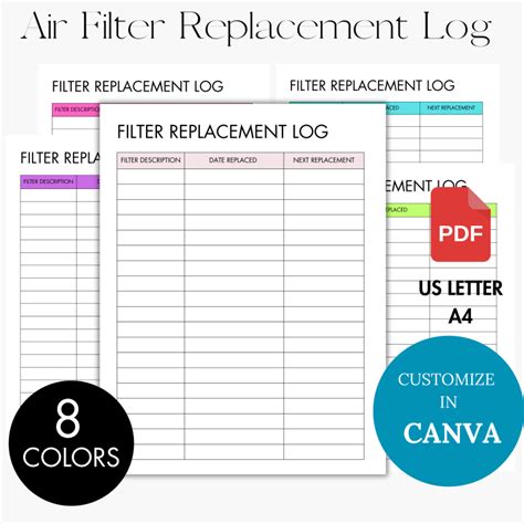 Editable Air Filter Replacement Log Printable Template