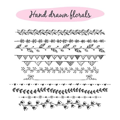 흰색 배경의 꽃 테두리 손으로 그린 세트 프리미엄 벡터