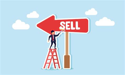 사업가는 사다리를 올라 화살표에 Sell이라는 단어를 쓰고 이익을 달성하기 위해 사업 자산을 매각하는 방법에 대한 지침 또는