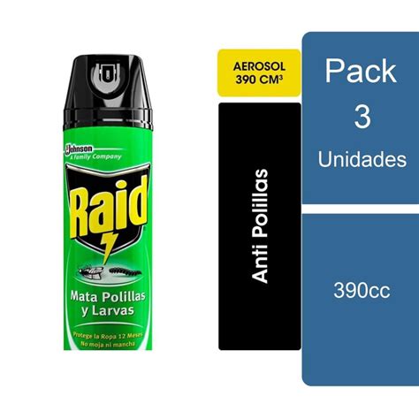 Raid Pack 3 Insecticida Mata Polillas Y Larvas 390cc Raid