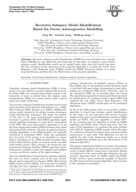 Pdf Recursive Subspace Model Identification Based On Vector
