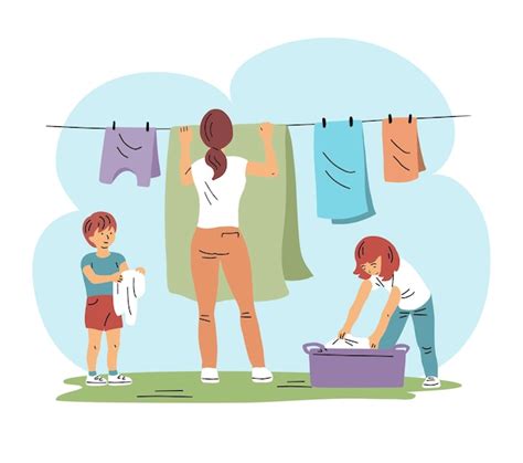 Mãe Filho E Filha A Lavar A Roupa Vetor Premium