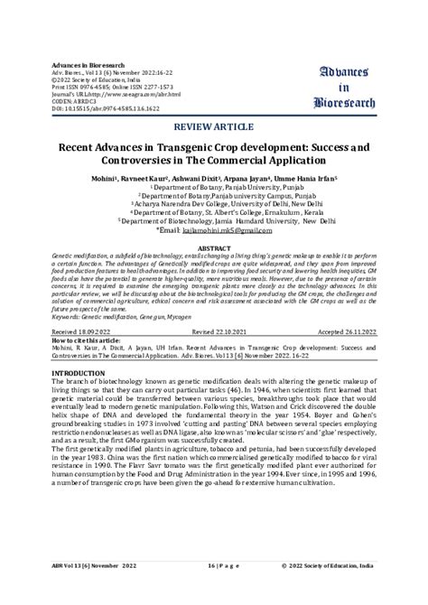 Pdf Recent Advances In Transgenic Crop Development Success And