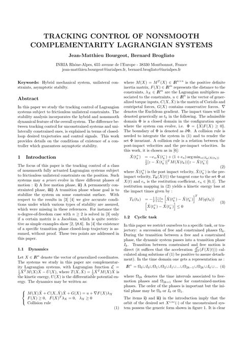 Pdf Tracking Control Of Complementarity Lagrangian Systems