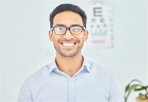 Man Face Or Glasses For Vision Eye Exam Or Optometry In Clinic