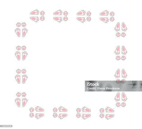 토끼 또는 토끼 발자국 흔적 부활절 토끼 발 지문 토끼 발 단계 눈 위에서 토끼 걸음을 추적합니다 빈 사각형 프레임 템플릿입니다 평면 스타일의 흰색 배경에 격리된 벡터