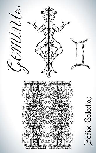 쌍둥이 자리 조디악 기호와 마스코트 그리기로 설정합니다 가공의 인물에 대한 스톡 벡터 아트 및 기타 이미지 가공의 인물