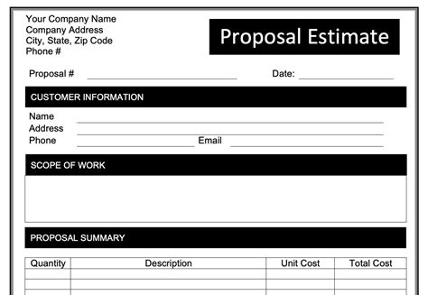 Printable Proposal Estimate Job Estimate Ms Word Job Proposal