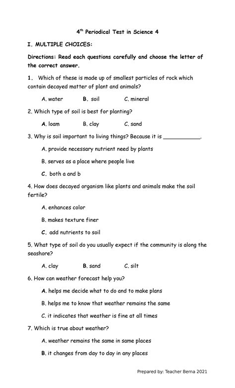 Test In Science 4 Multiple Choices Directions Read Each Questions