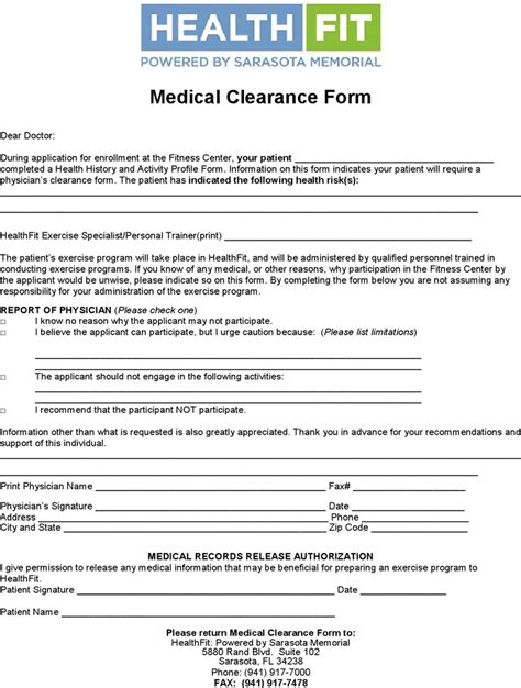 Free Medical Clearance Form Pdf 624kb 1 Page S