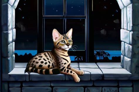 Un Gato Se Sienta En Una Repisa Frente A Una Ventana Vector Premium