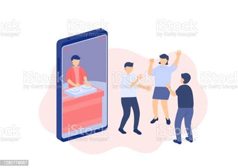 집에서 사회적 불변의 숙박 미니어처 작은 사람들 댄스 파티 온라인 스마트 폰 음악 스트리밍 응용 프로그램 개념 포스터 또는 흰색