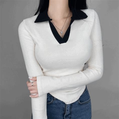 배색 카라 오픈카라 여리핏 니트 피치원단 긴팔 여리여리 데일리 캐주얼룩 에이블리