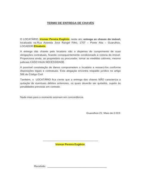 Termo De Entrega De Chaves Pdf