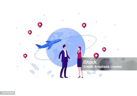 항공사 승무원 팀 컨셉 벡터 플랫 인물 일러스트레이션 파란색 조종사와 붉은 스튜어디스의 의상에 있는 남자와 여자는 행성 지구와