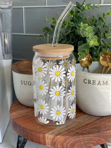Daisy Glass Cup Retro Glass Can Cup Flower Tumbler Iced Coffee Cup