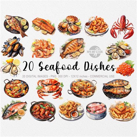 20 Seafood Cliparts Seafood Png Seafood Illustration Watercolor