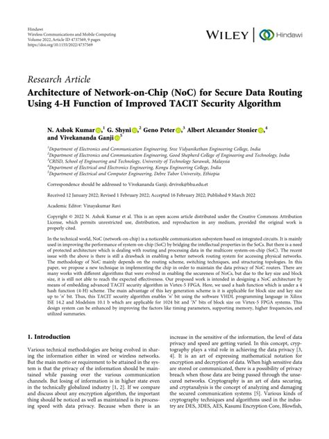 Pdf Research Article Architecture Of Network On Chip Noc For Secure Data Routing Using 4 H
