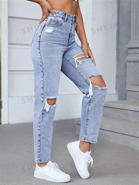SHEIN EZwear Women S Spring High Waist Ripped Cut Out Mom Fit Jeans